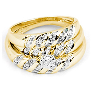 Sizes - L = 9, M = 12 - 14k Yellow and White 2 Two Tone Gold Mens and Ladies Couple His & Hers Trio 3 Three Ring Bridal Matching Engagement Wedding Ring Band Set - Round Diamonds - Solitaire Center Setting (.07 cttw) - Please use drop down menu to select