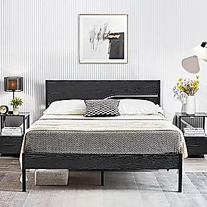 VECELO Platform Bed Frame Queen Size with Black Wood Headboard, Strong Metal Slats Support Mattress Foundation, No Box Spring Needed