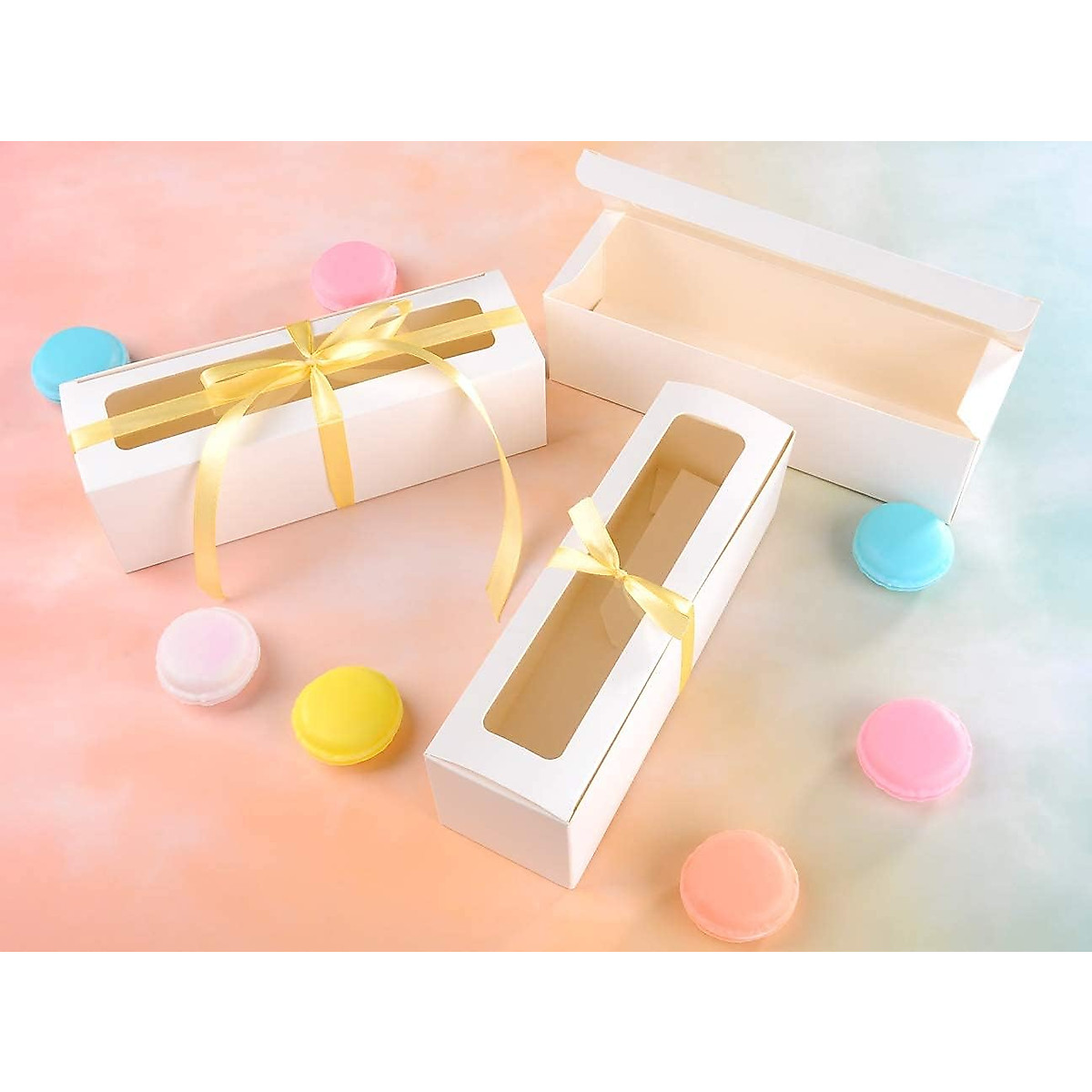 NPLUX 25 Pack Macaron Boxes for 5-7 Macarons Cookie Candy Strawberry Boxes Macaron Container Packaging Boxes with Ribbon for Gift Giving(White)