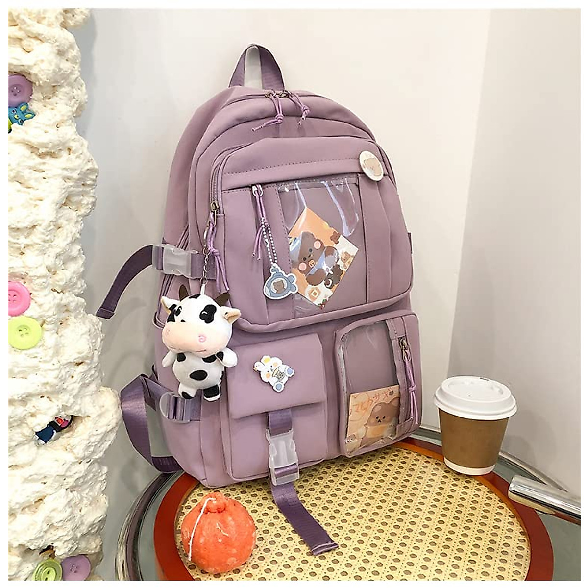 Dearsee Kawaii Backpack with Cute Pin Accessories Plush Pendant Kawaii School Backpack Cute Aesthetic Backpack for Girls
