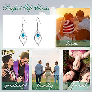 March Birthstone Dangle Drop Earrings - 925 Sterling Silver Aquamarine Double Twist Leaf Linear Swirl Earrings Infinity Blue CZ Birthstone Fishhook Earring, Classic Birthday Jewelry for Women