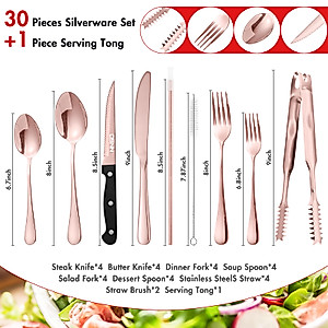 30 Pieces Rose Gold Silverware Sets Plus Serving Tong,Stainless Steel Flatware Set with Metal Straw for 4, DSNN Home Kitchen Utensil Cutlery Set,Include Forks Spoons and Knives Set