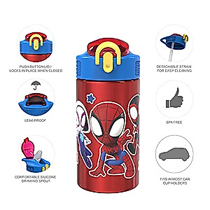 Zak Designs Marvel Spider-Man 18/8 Single Wall Stainless Steel Kids Water Bottle, Flip Straw Locking Spout Cover, Durable Cup for Sports or Travel (15.5oz, Non-BPA, Spidey and His Amazing Friends)