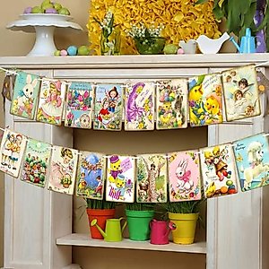 Easter Decorations Vintage Easter Banner Vintage Style Bunting - 17Pcs Happy Easter Banner Garland Decoration Indoor for Holiday Home Office Party Fireplace Mantle, Easter Party Supplies