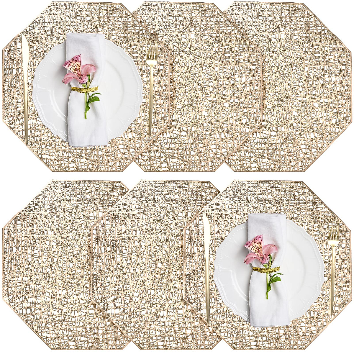 FYY Placemats, Placemats Set of 6 for Dining Table, Washable Octagonal PVC Place Mats Durable Kitchen Table Mats, Set of 6 Gold
