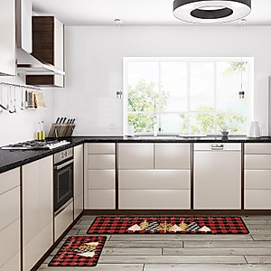 Bencailor 2 Pcs Christmas Kitchen Rugs and Mats Set of 2 Red Black Buffalo Plaid Merry Christmas Xmas Trees Floor Mat Non Slip Checkered Doormat Home Holiday Kitchen Decor, 17 x 30 Inch, 17 x 47 Inch