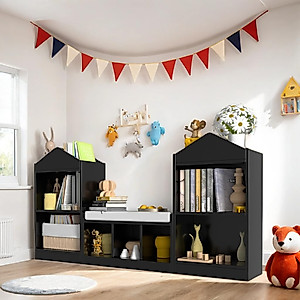 MHOM 68.9“ Kids Bookshelf with Reading Nook, Toy Storage Organizer with Seat Cushion and 7 Storage Cubbies, Wooden Kids Bookcase, Toy Organizers and Storage for Nursery, Playroom, Black
