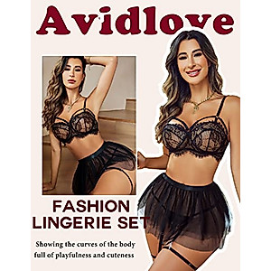 Avidlove Lace Lingerie Set with Garter Belt Mesh Skirt Nightwear (Black, Small)