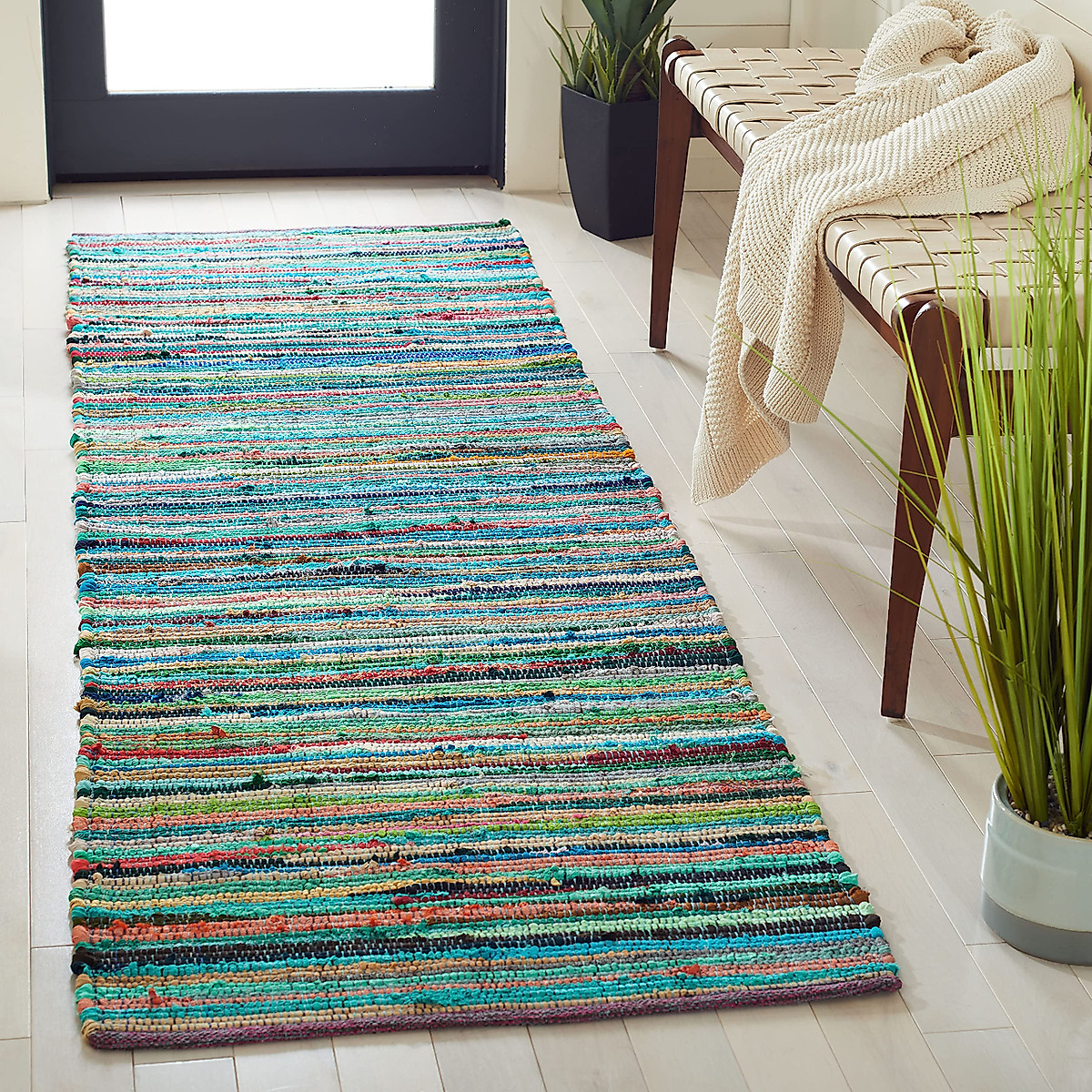 SAFAVIEH Rag Rug Collection Runner Rug - 2'3" x 6', Green & Multi, Handmade Boho Stripe Cotton, Ideal for High Traffic Areas in Living Room, Bedroom (RAR240E)