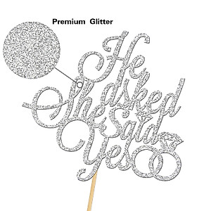 He Asked She Said Yes Cake Topper, Just Engaged, From Miss to Mrs, Silver Glitter Bride to Be Happy Engagment Party Cake Decorations