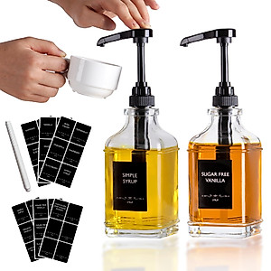 Alotpower Coffee Syrup Dispenser 16oz 2pack, Clear Syrup Dispenser with 1/4oz Capacity Pump,Syrup Dispenser for Coffee Bar-2 Glass Square Bottles with Plastic Pump and Syrup Labels
