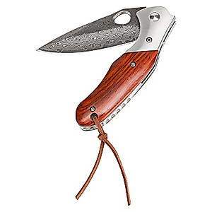 STANBIK Damascus Pocket Knife with Sheath,3.1 inch Damascus Steel Folding Knife，Sandalwood Handle,EDC Pocket Knives for Hiking Camping.