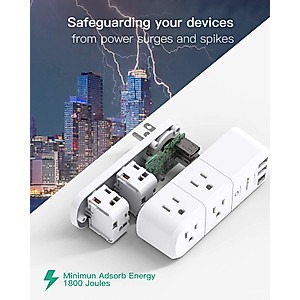 USB Outlet Extender Surge Protector - with Rotating Plug, 6 AC Multi Plug and 3 USB Ports (1 C), 1800 Joules, 3-Sided Swivel Power Strip Spaced Splitter for Home, Office, Travel