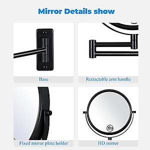 mumianshu Wall Mounted Makeup Mirror, 1x/ 10x Magnifying Makeup Mirror, 8" Double Sided Make up Mirror with 360 Degree Swivel Extendable Arm, Home Bathroom Shaving Vanity Mirror (Black)