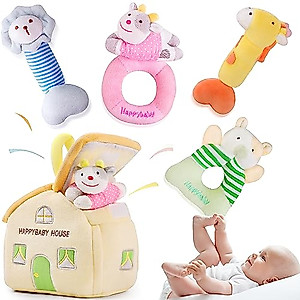 iPlay, iLearn 4 Plush Baby Soft Rattle Toys, Hand Grab Sensory Shaker, Farm Stuffed Animal Set, Infant Easter Basket Girls, Unique Newborn Shower Gifts for 2 3 6 9 12 18 Month 1 Year Old Boys Toddlers