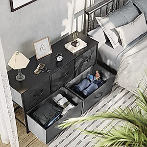 YITAHOME Wide Storage Tower with 5 Drawers - Fabric Dresser, Organizer Unit for Bedroom, Living Room, Closets & Nursery - Sturdy Steel Frame, Easy Pull Fabric Bins & Wooden Top (Black/Grey)