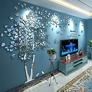 3D Tree Wall Stickers - DIY Tree and Birds Wall Decals Family Couple Tree Stickers Murals Wall Decor for Living Room Bedroom TV Background Home Decorations(Silver Left,M-98X51in)