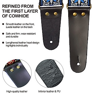 Guitar Strap, Vintage Embroidered Cotton Guitar Straps with Genuine Leather Ends for Bass, Electric & Acoustic Guitars, Come with Free Strap Button, 1 Pair Strap Locks and 4 Guitar Picks (Blue Flower)