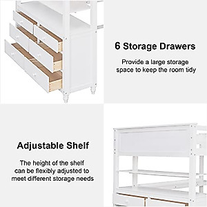 Merax Multi-Functional Full Loft Bed with Built-in Desk/6 Storage Drawers/Shelf, Full Size Wooden Loft Bed with Ladder and Guardrails, No Box Spring Required Wood Bed Frame, White