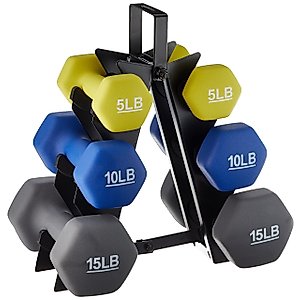 Amazon Basics Neoprene Dumbbell Hand Weights, Rack with 3 Pairs (5, 10, and 15 pound), Green/Blue/Grey