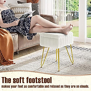 Greenstell Vanity Stool Chair Faux Fur with Storage, 15.7"L x 11.8"W x 19.4"H Soft Ottoman 4 Metal Legs with Anti-Slip Feet, Furry Padded Seat, Modern Multifunctional Chairs for Makeup, Bedroom White