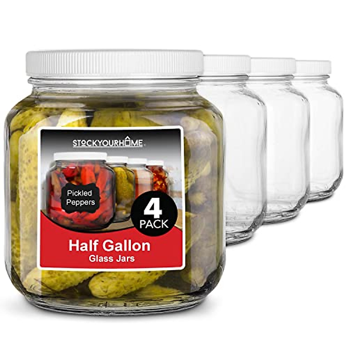 Stock Your Home 64 Oz Glass Jar with Plastic Airtight Lid (4 Pack) - Half Gallon Mason Jar for pickling, fermentation, brewing, food storage