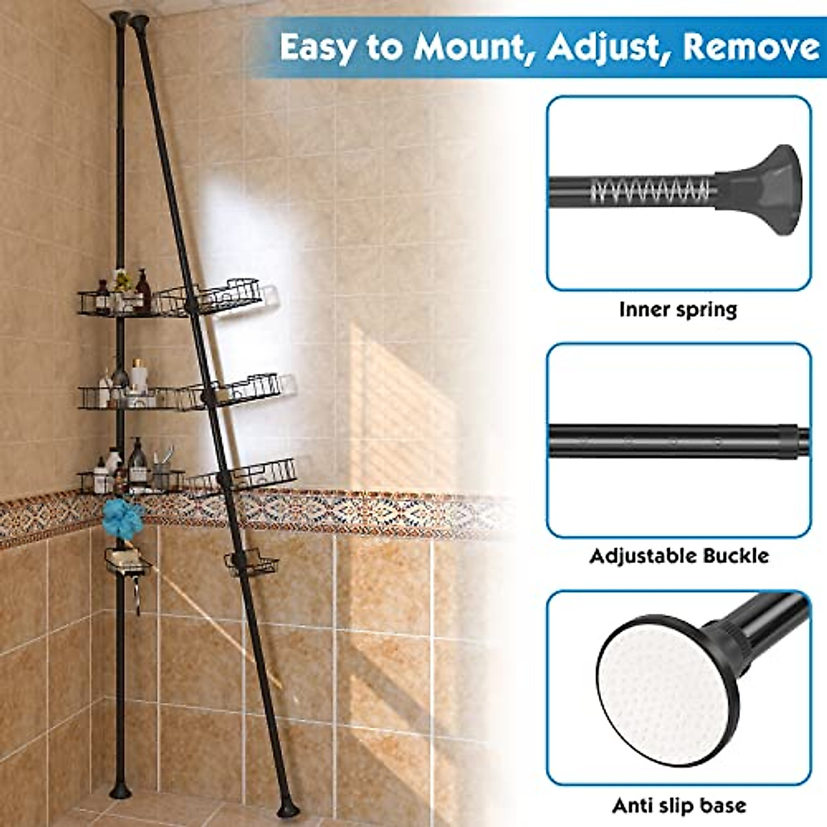 Tension Shower Caddy, Stainless Steel Tension Pole Shower Caddy, Rustproof Inside Shower Organizer, Drill Free Shower Rack, Large Shower Storage Shower Caddy Tension Pole,56-125 Inch