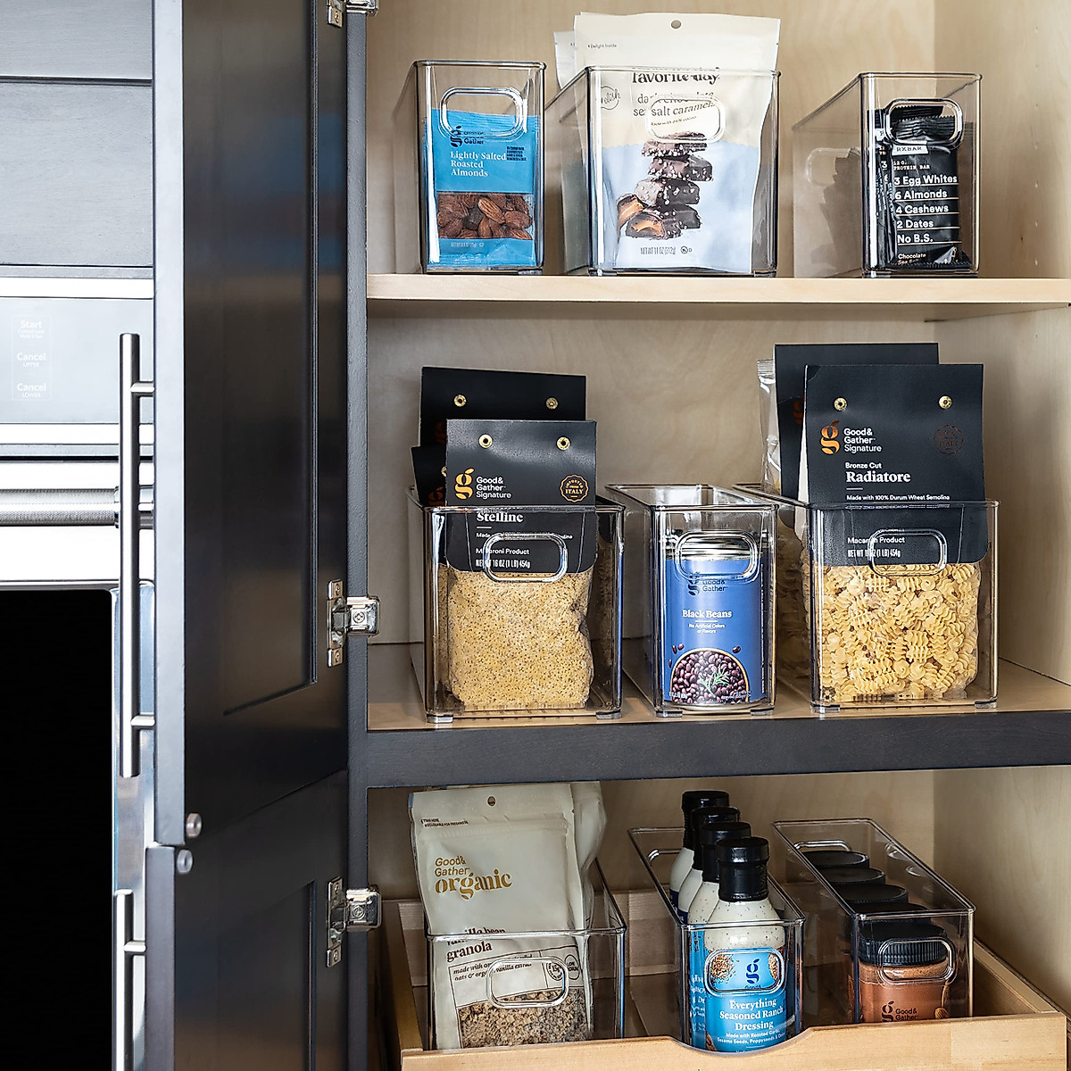 Clear Plastic Storage Bins, Stackable Pantry Organization and Storage Containers Clear Organizing Bins, Cabinet & Pantry Organizer Bins for Organizing Bathroom, Kitchen, Fridge, Freezer Organizer Bins