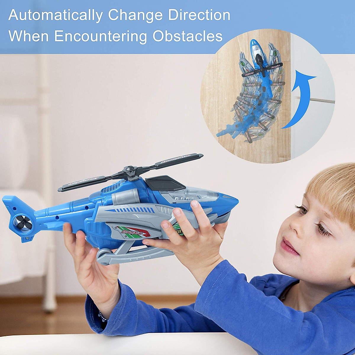 Elimiic Helicopter Toys for 3 4 5 6 Year Old Boys Automatic Transform Dinosaur Toys with LED Light and Music 4-6 Year Old Boy Birthday Gifts(Blue)