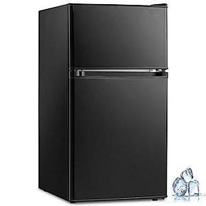 KOTEK Mini Fridge with Freezer, 3.2 Cu.Ft Compact Refrigerator/Freezer with 5 Level Adjustable Thermostat, Reversible 2 Doors & Removable Glass Shelves, Mini Fridge for Bedroom/Dorm/Office (Black)