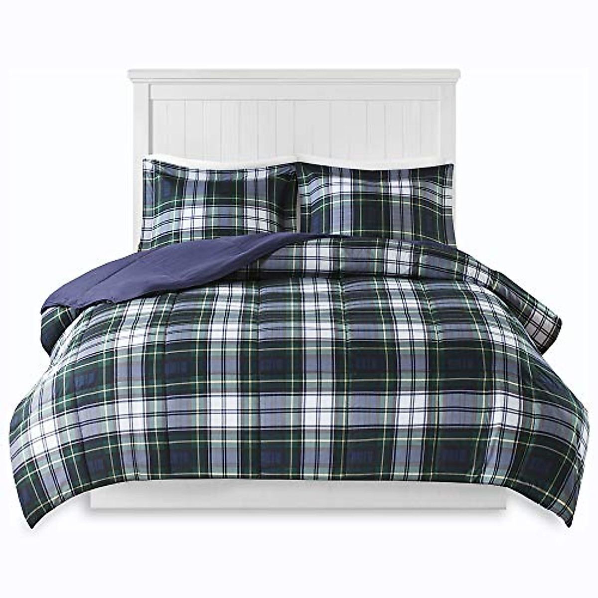 Madison Park Essentials Parkston Plaid Comforter, Matching Sham, 3M Scotchguard Stain Release Cover, Hypoallergenic All Season Bedding-Set, Full/Queen, Navy, 3 Piece
