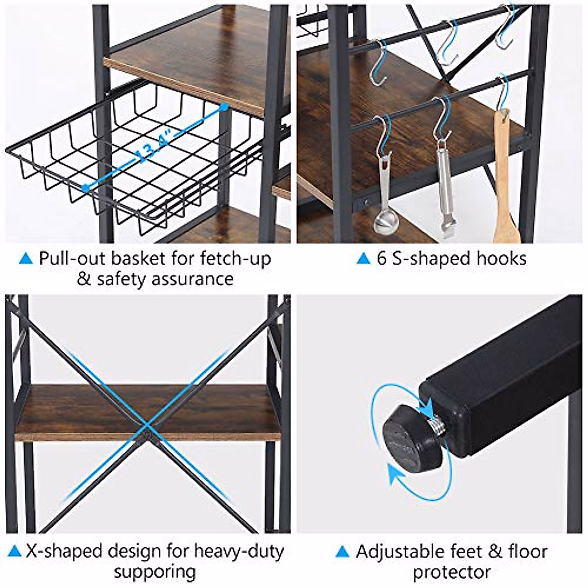 Tribesigns 35.5 inches Kitchen Baker’s Rack Microwave Oven Stand, Industrial Kitchen Cart Utility Storage Shelf Organizer Coffee Bar with Wire Basket and 6 Hooks (Rustic Brown)