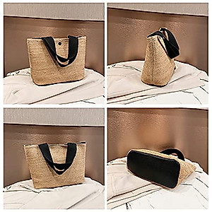 1 Piece Summer Beach Rattan Bag Handwoven Shoulder Bags with Wide Shoulder Strap Women Straw Woven Tote (Black Handle)