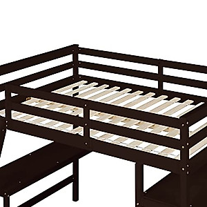 DEYOBED Full Size Wooden Loft Bed Frame with Under-Bed Desk and 4-Tier Storage Shelves - Stylish and Practical Furniture for Enhanced Bedroom Organization