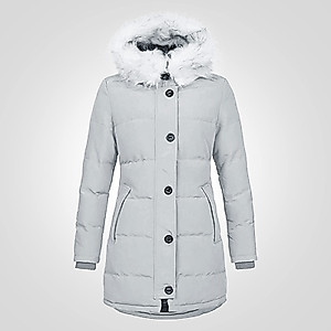 Women's Down Coat With Fur Winter Warm Inside Fleece Padded Hooded Parka Coat Puffer Jacket Slim Zipper Hoodie Jacket (Gray, XL)