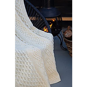 SAOL Honeycomb and Cable Knit Patterns 100% Irish Merino Wool Aran Throw/Blanket 60 x 40 inches (Natural)