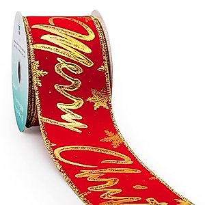 CT CRAFT LLC Red Velvet Gold Merry Christmas Wired Ribbon 2.5 Inch x 10 Yards for Christmas Home Decor Tree Topper Bow Gift Wrapping DIY Crafts Wreath Garland