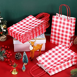 30 Pieces Gingham Gift Bags Kraft Paper Bag Christmas Buffalo Plaid Bag Present Bag Party Favor Bag with Handle Goody Bag for Christmas Birthday Party Supplies, 5.91 x 8.27 x 3.15 Inch (Red White)