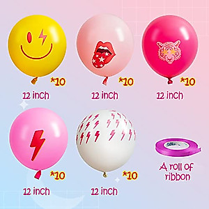 AellasNervalt 50Pcs Preppy Y2k Hot Pink Party Balloons Smile Face Lightning 12inch Latex Balloon with Ribbon Retro Decoration Supplies for Teen Girls Birthday Bachelorette Early 2000s Theme Party