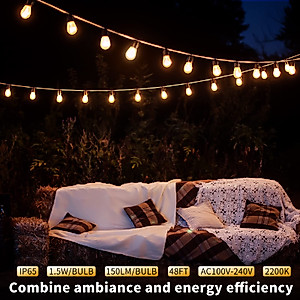 Famiatm 49 FT Outdoor String Lights, Shatterproof Remote Patio Lights with 7 Dimmable Warm Yellow LED Bulbs, IP65 Waterproof Outdoor LED Lights for Backyard Porch Cafe Party Wedding Garden