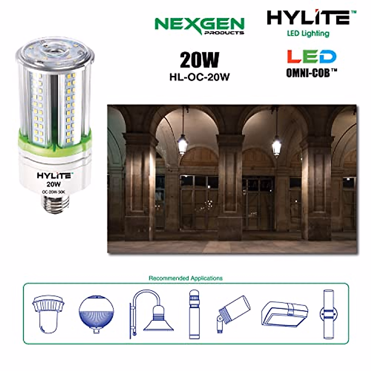HyLite LED Lighting 20W High Performance LED Omni-Cob Lamp, 360º, (~100W HID), 50K, 3000 lm, 100~277V for Commercial Industrial Lighting Warehouse High Bay Light Fixture Garage Workshop, White