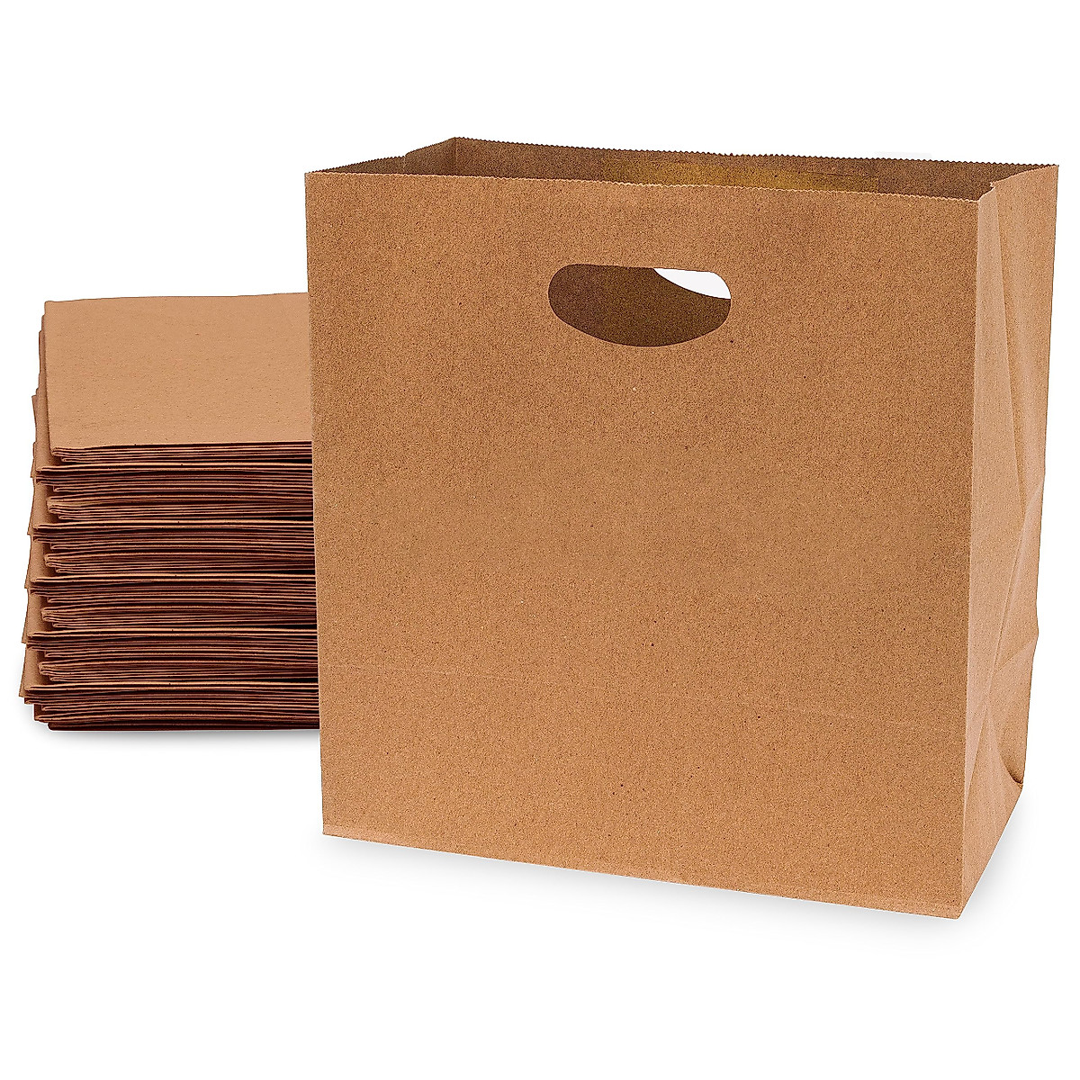 Prime Line Packaging Brown Paper Bags with Die Cut Handles for Food To Go, Bread, Take Out Goodie, Restaurant, Small Business, Bulk, 11x6x11, 100 Pack