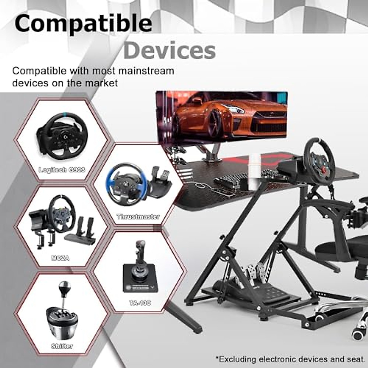 Marada G920 Steering Wheel Stand with Seat Slot Cup Holder Fit for Logitech Thrustmaster Moza G923 G27 G29 G920 T248 T300RS R5 Adjustable Foldable Racing Stand, without Wheel Pedal Handbrake