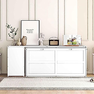 DNYN Queen Size Murphy Bed with Storage Shelves & Rotable Desk & Cabinet Design,Solid Wood Bedframe,Space Saving & No Box Spring Need,Perfect for Livingroom,Guestroom,Bedroom, White