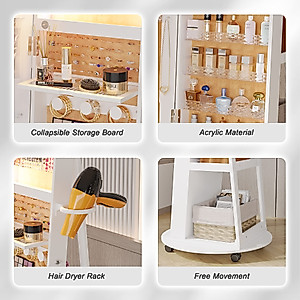 HNEBC 360° Swivel Jewelry Armoire with Mirror, LED Mirror Jewelry Cabinet Standing, Full Length Mirror with Jewelry Storage, Standing Jewelry Organizer/Lockable Wheels/Foldable Makeup Shelf (White)