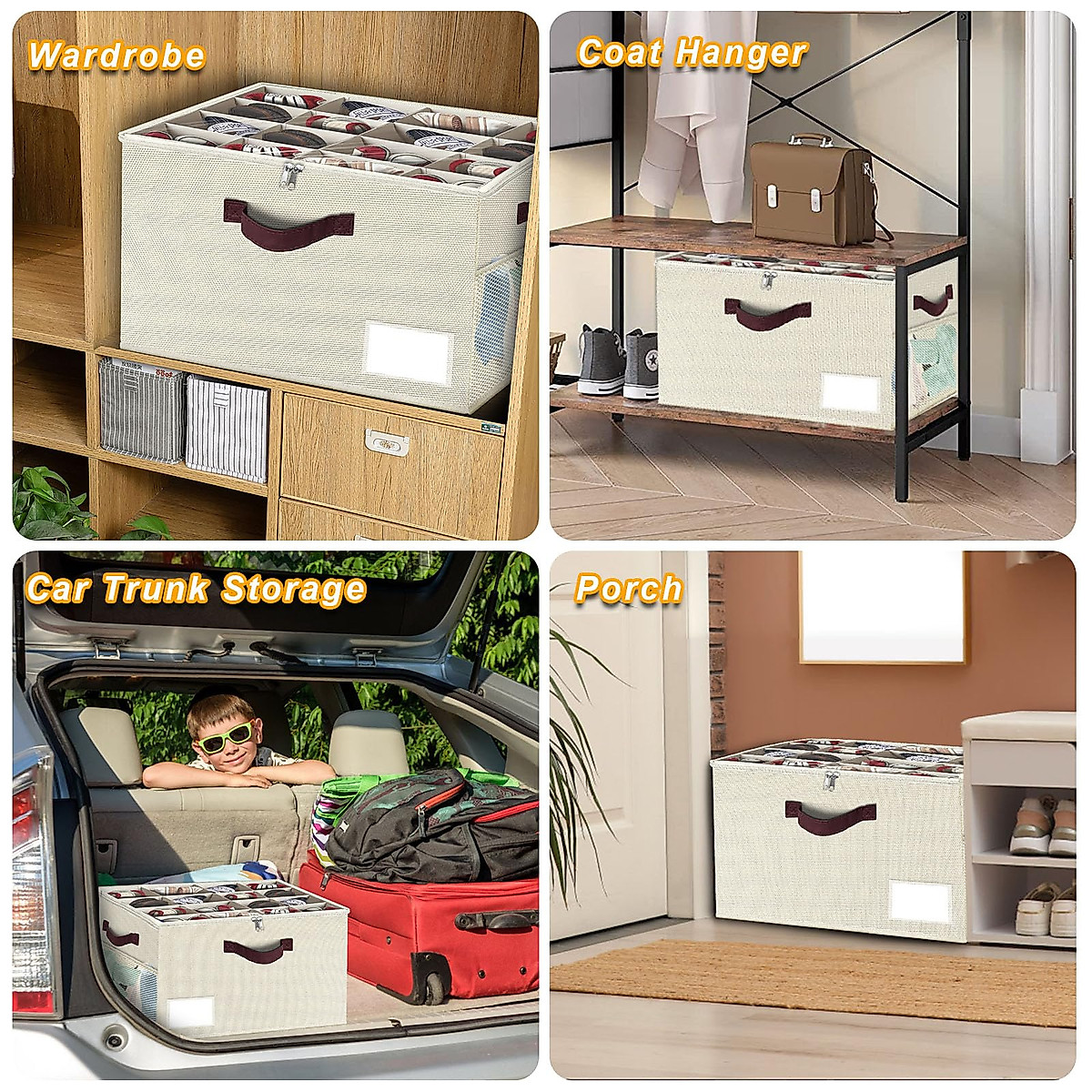 2 Pack Large Shoe Organizer for Closet, Adjustable Dividers Shoe Storage Bins Boxes, Foldable Shoe Holder Cube Containers with Clear Cover for Men’s shoes, High heel,Sneaker,Slippers,Boots(Beige).