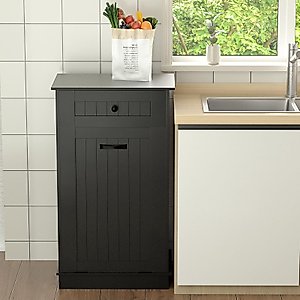 Visiblesser 10 Gallons Tilt Out Trash Bin Cabinet, Wooden Garbage Can Cabinet for Kitchen, Tilt Out Laundry Hamper Cabinet, Dog Proof Trash Cabinet Can Free Standing Holder, Black