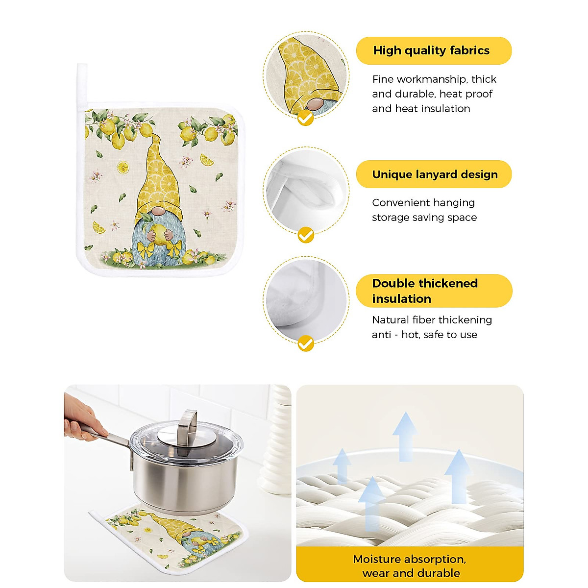 Pot Holder Set of 2 Vintage Farm Gnomes Rural Lemon Green Leaf Potholder Heat Proof Non-Slip Pot Holders,Retro Linen Hot Pads Potholders for Kitchen Cooking Baking BBQ