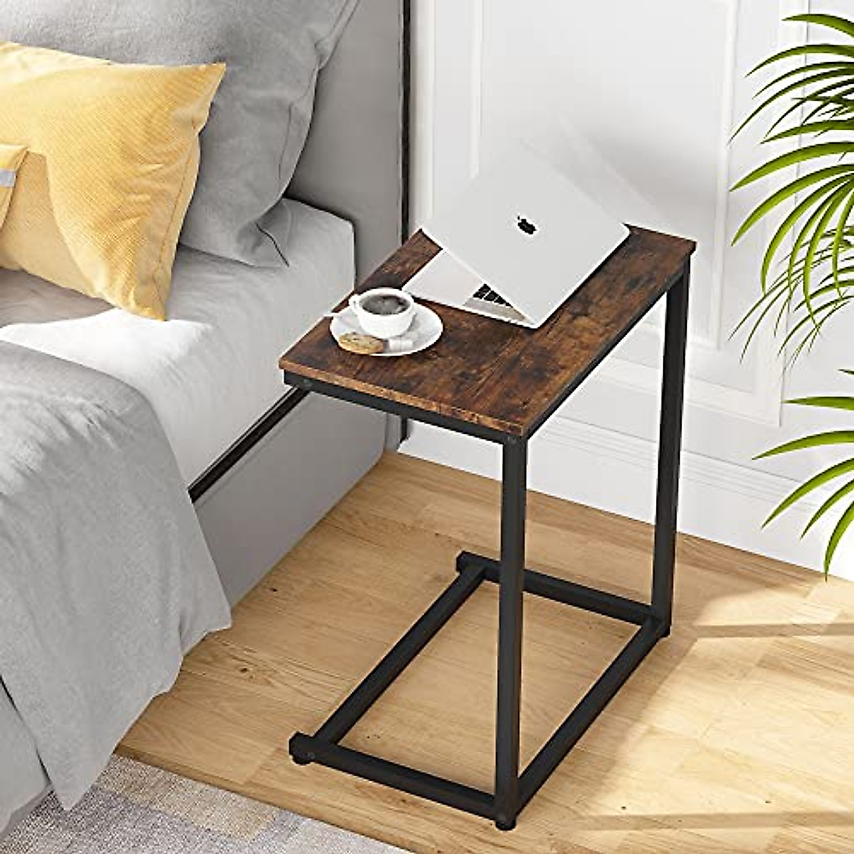 VANOMi C Shaped End Table, Living Room Sofa Small Side Table, Small Space Snack Table and Bedside Table with Wooden Metal Frame in Bedroom