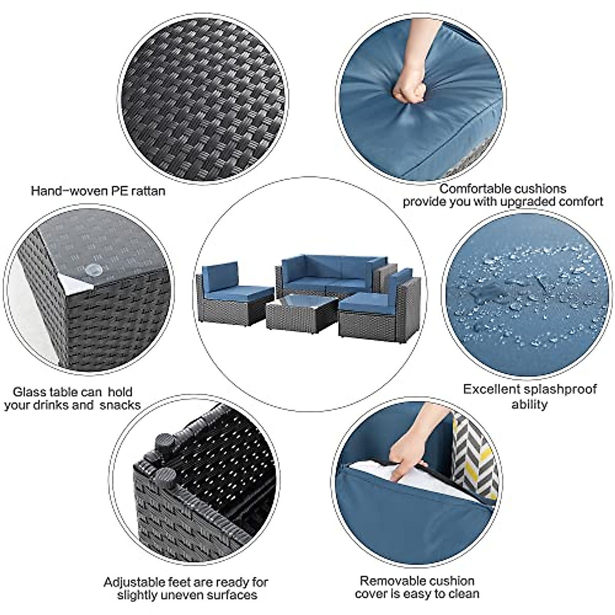 Shintenchi 5 Pieces Outdoor Patio Sectional Sofa Couch, Black PE Wicker Furniture Sets, Patio Conversation Sets with Washable Cushions Glass Table for Garden, Poolside, Backyard,Aegean Blue